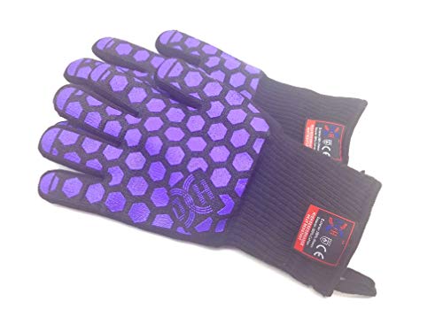 J H Heat Resistant Oven Glove:EN407 Certified 932 °F, 2 Layers Silicone Coating, Oven Mitts for Cooking, Kitchen, Fireplace, Grilling, 1 Pair (Regular Cuff, Black Shell with Purple)