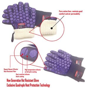 J H Heat Resistant Oven Glove:EN407 Certified 932 °F, 2 Layers Silicone Coating, Oven Mitts for Cooking, Kitchen, Fireplace, Grilling, 1 Pair (Regular Cuff, Black Shell with Purple)