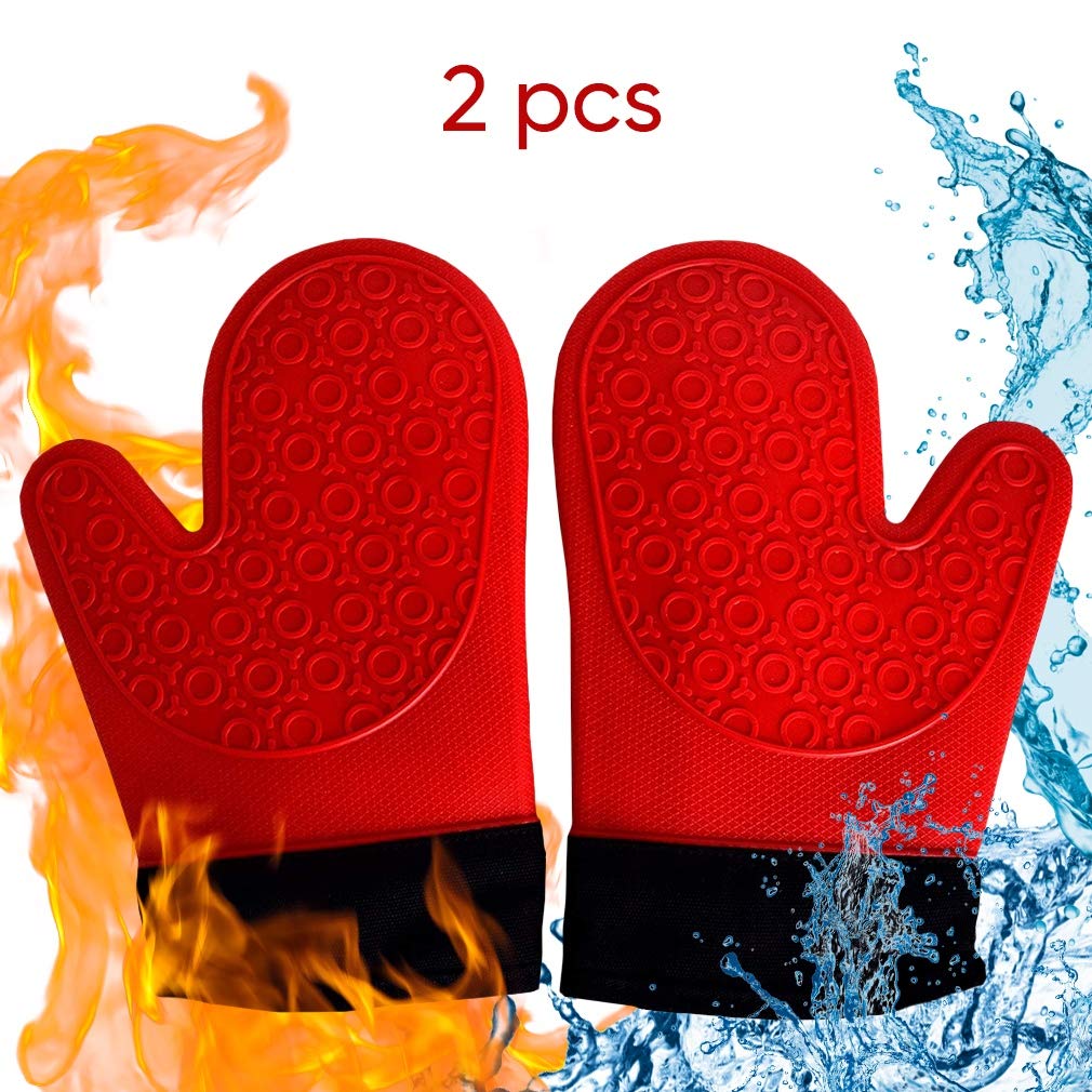 2PCS Red Black Professional Extra Large Silicone Oven Mitts and Pot Holders Oven Gloves Heat Resistant Gloves Kitchen Mittens BBQ Gloves for Cooking Grill Gloves Rubber Oven Mitt Cooking Gloves