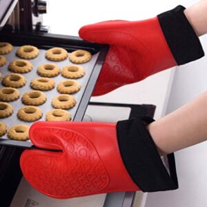 2PCS Red Black Professional Extra Large Silicone Oven Mitts and Pot Holders Oven Gloves Heat Resistant Gloves Kitchen Mittens BBQ Gloves for Cooking Grill Gloves Rubber Oven Mitt Cooking Gloves