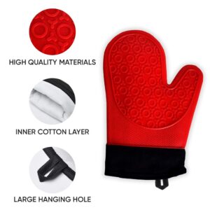 2PCS Red Black Professional Extra Large Silicone Oven Mitts and Pot Holders Oven Gloves Heat Resistant Gloves Kitchen Mittens BBQ Gloves for Cooking Grill Gloves Rubber Oven Mitt Cooking Gloves