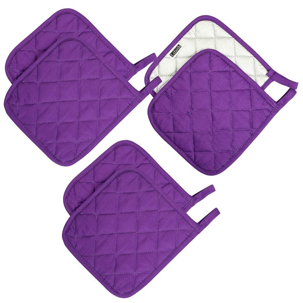 100% Cotton Potholders Kitchen Everyday Basic Terry Pot Holder Heat Resistant Large Coaster Hot Pads Kit Trivets Set for Cooking and Baking Set of 6 Grape