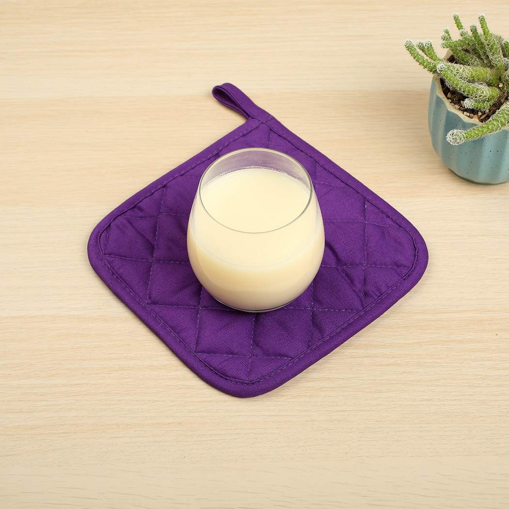 100% Cotton Potholders Kitchen Everyday Basic Terry Pot Holder Heat Resistant Large Coaster Hot Pads Kit Trivets Set for Cooking and Baking Set of 6 Grape