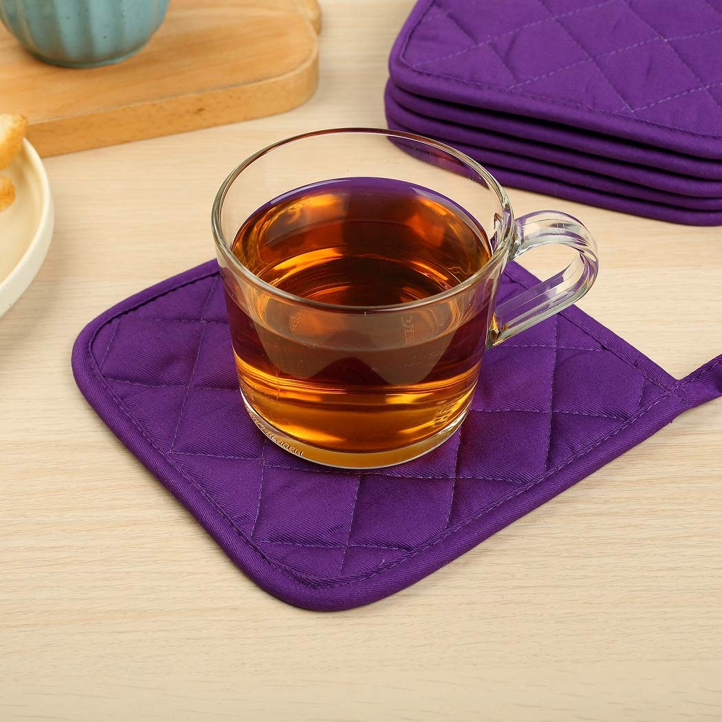 100% Cotton Potholders Kitchen Everyday Basic Terry Pot Holder Heat Resistant Large Coaster Hot Pads Kit Trivets Set for Cooking and Baking Set of 6 Grape