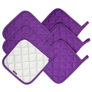 100% Cotton Potholders Kitchen Everyday Basic Terry Pot Holder Heat Resistant Large Coaster Hot Pads Kit Trivets Set for Cooking and Baking Set of 6 Grape