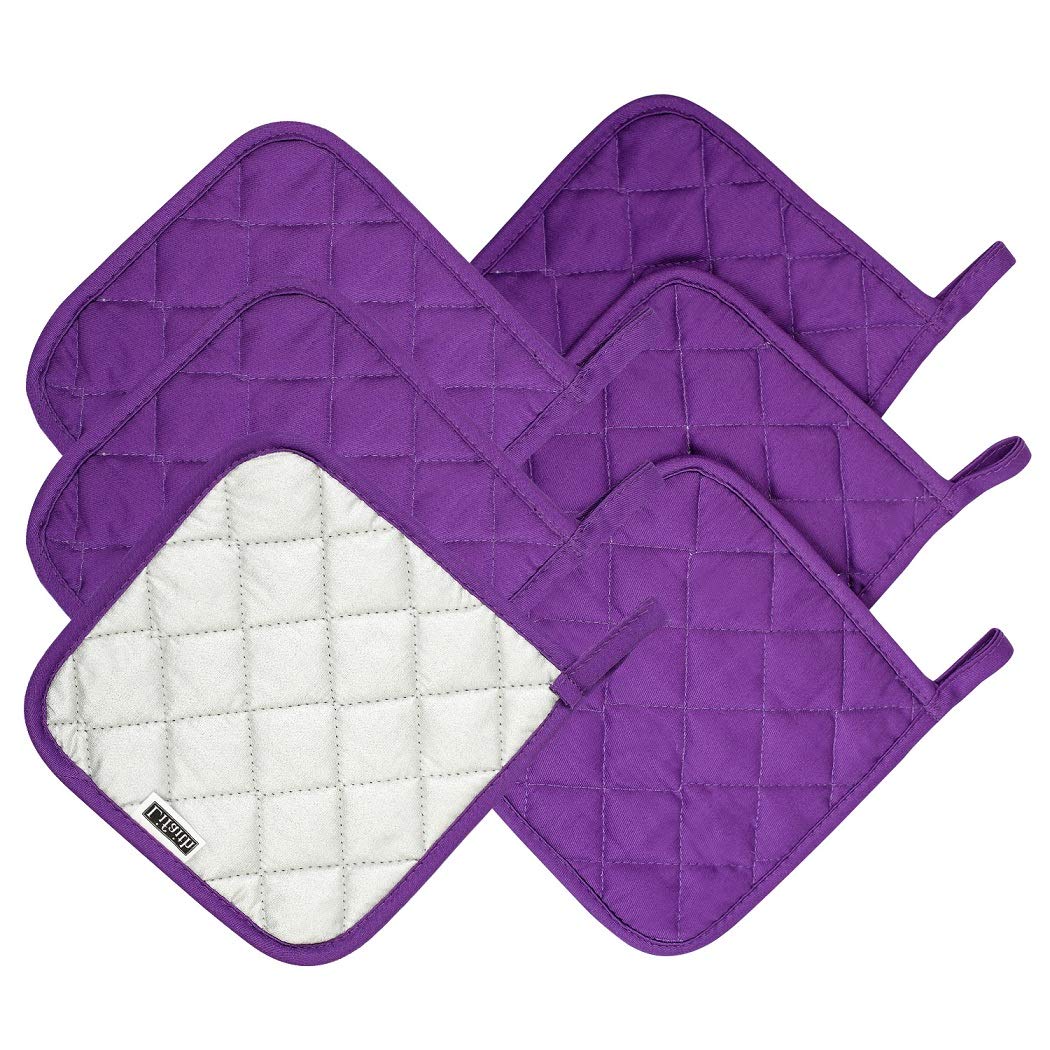 100% Cotton Potholders Kitchen Everyday Basic Terry Pot Holder Heat Resistant Large Coaster Hot Pads Kit Trivets Set for Cooking and Baking Set of 6 Grape