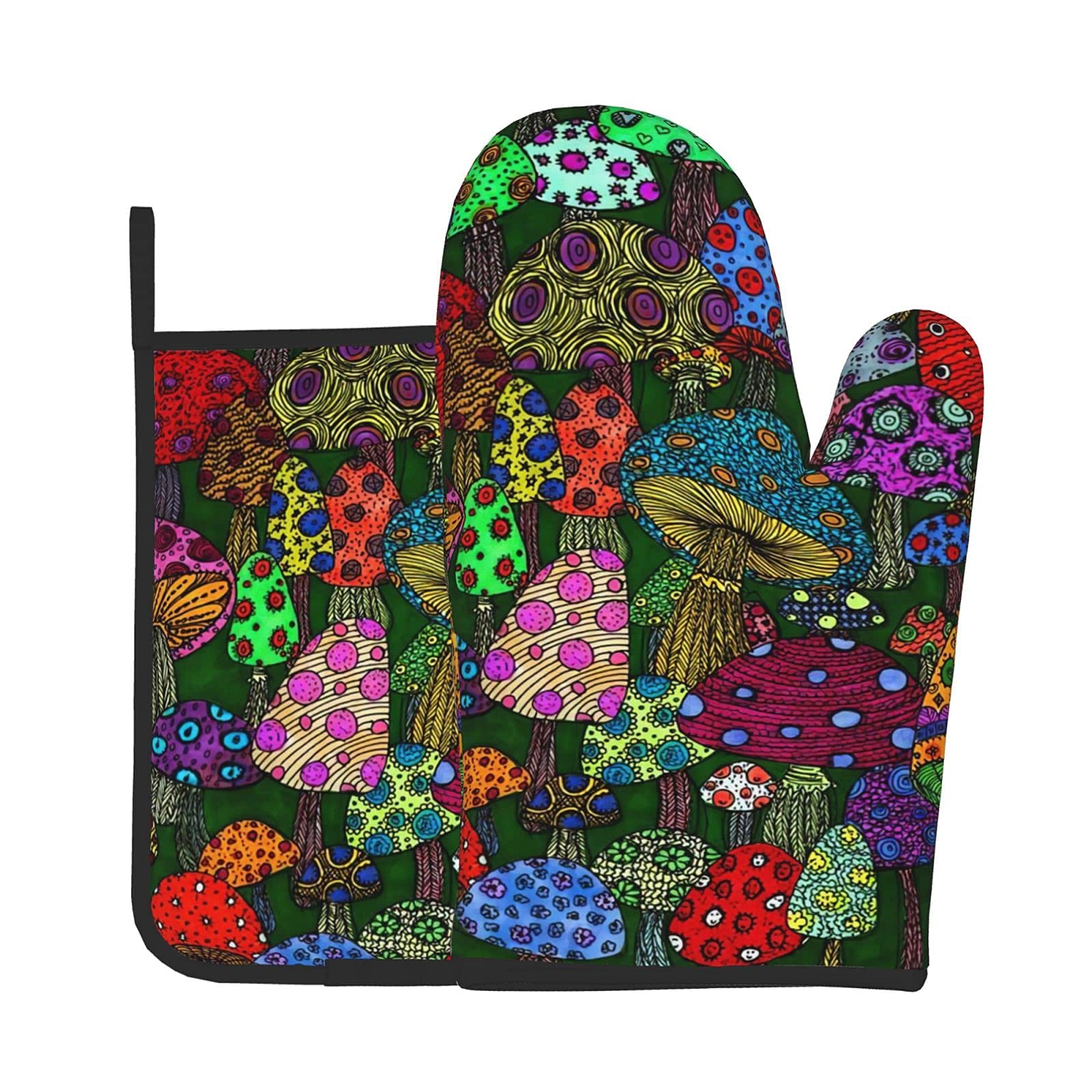 Dewoofly Forest Mushroom Art Painting Heat Resistant Oven Mitts and Pot Holders Sets, Thick Kitchen Gloves for BBQ