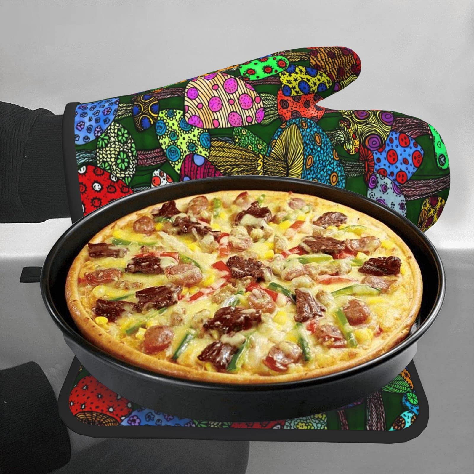 Dewoofly Forest Mushroom Art Painting Heat Resistant Oven Mitts and Pot Holders Sets, Thick Kitchen Gloves for BBQ