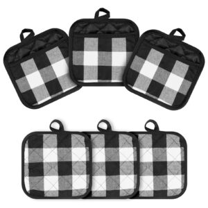 whaline 6pcs christmas buffalo plaid hot pot holders cotton hot pad with pocket reusable heat resistant oven mint for kitchen cooking and baking (white black)