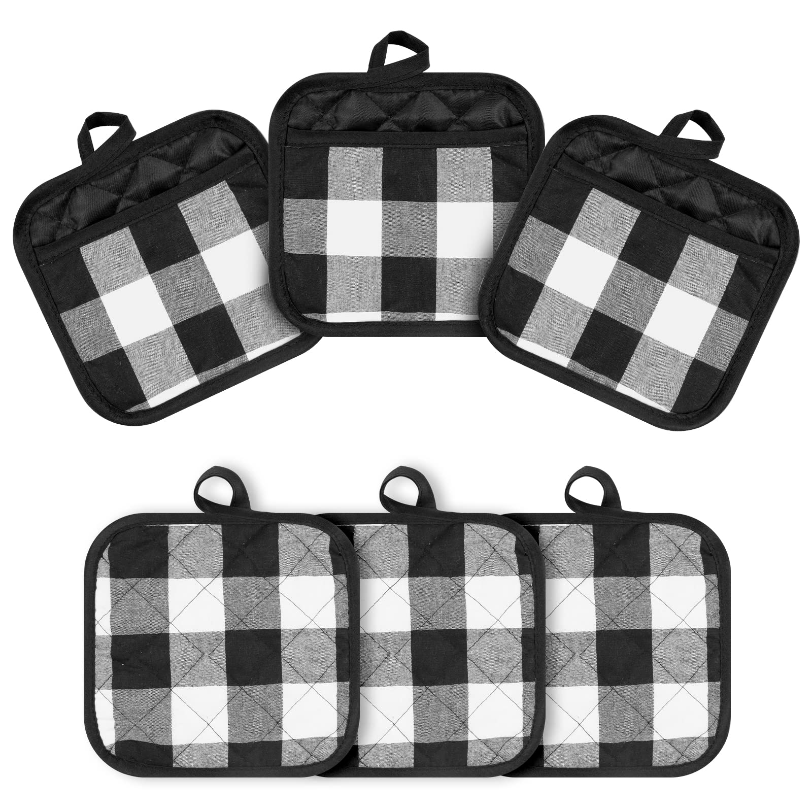 Whaline 6pcs Christmas Buffalo Plaid Hot Pot Holders Cotton Hot Pad with Pocket Reusable Heat Resistant Oven Mint for Kitchen Cooking and Baking (White Black)