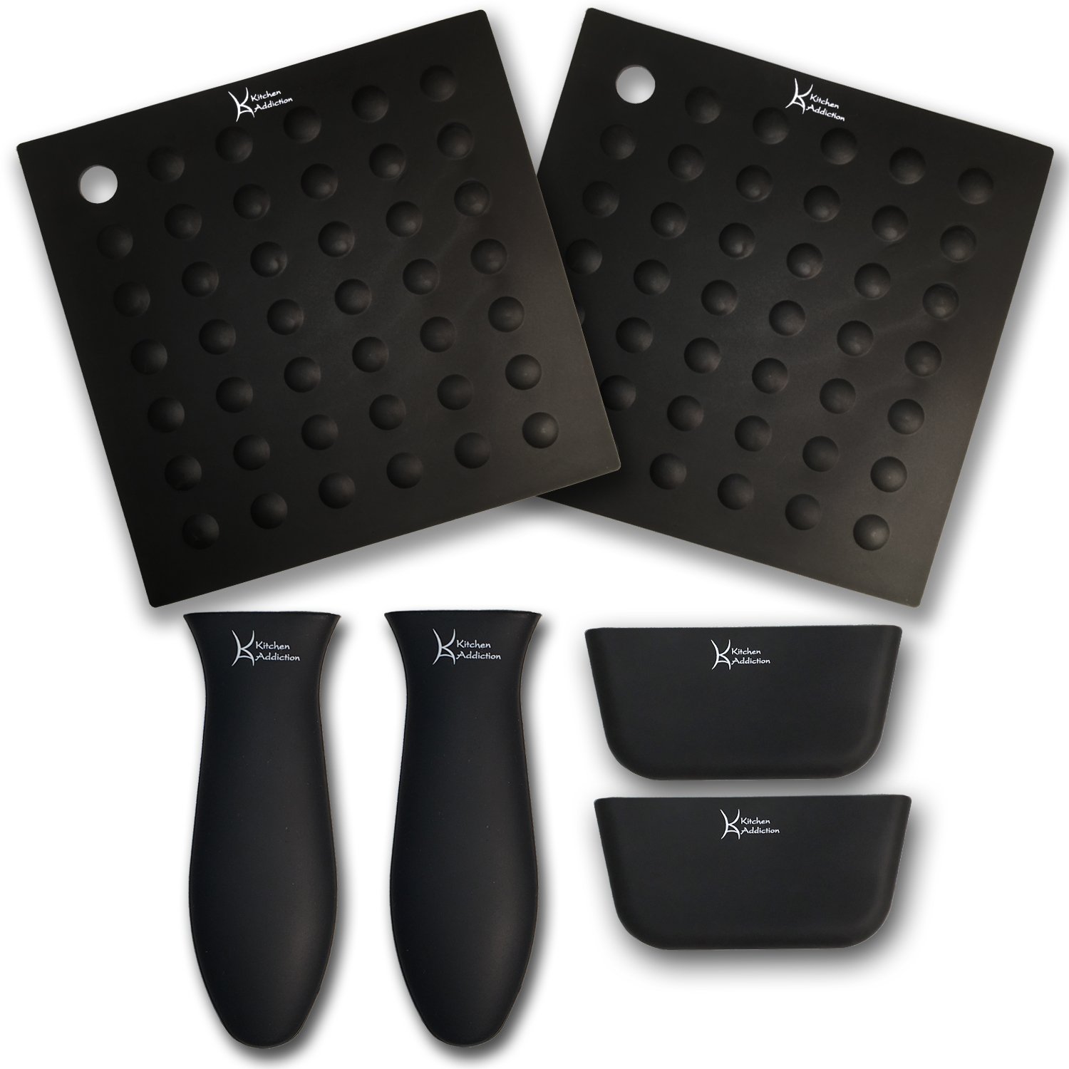 6 Piece Silicone Kitchen Set - Kitchen Addiction 2 Hot Handle Holder Sleeves, 2 Trivet/Potholder/Grippers, 2 Assist Handles Set (Black)