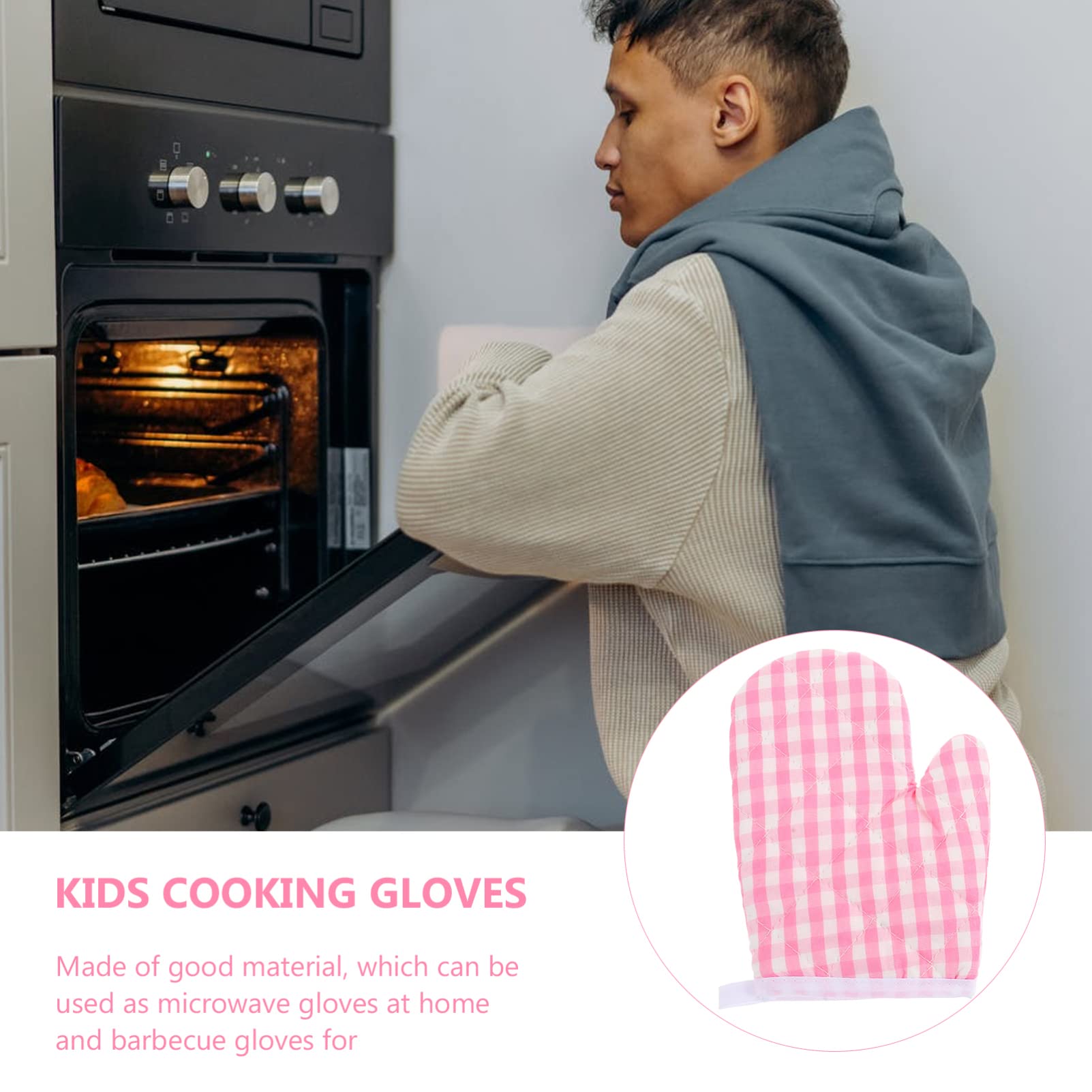 2Pcs Kids Oven Mitts Heat Resistant for Children Play Kitchen, Anti- Scald Gloves Microwave Oven Gloves Kitchen Mitts for Kids Toddler Safe Baking Cooking (Pink Checkered)