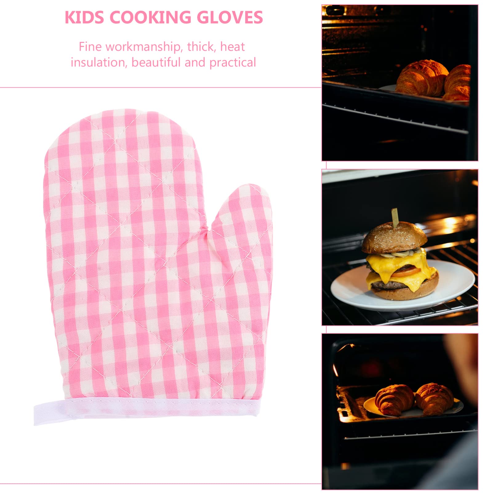 2Pcs Kids Oven Mitts Heat Resistant for Children Play Kitchen, Anti- Scald Gloves Microwave Oven Gloves Kitchen Mitts for Kids Toddler Safe Baking Cooking (Pink Checkered)