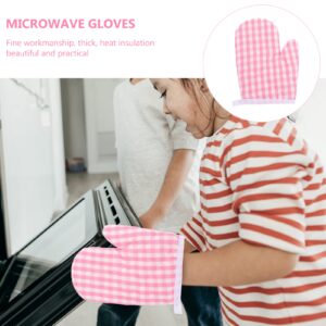 2Pcs Kids Oven Mitts Heat Resistant for Children Play Kitchen, Anti- Scald Gloves Microwave Oven Gloves Kitchen Mitts for Kids Toddler Safe Baking Cooking (Pink Checkered)