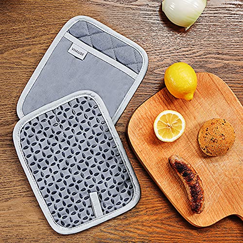 VHAUSE Pot Holders with Pocket Set of 4 - Soft Cotton Hot Pads with Non-Slip Silicone Grip and Hanging Loop - Heat Resistant Kitchen Potholders Trivet Mats for Hot Pots Pans Oven Gray