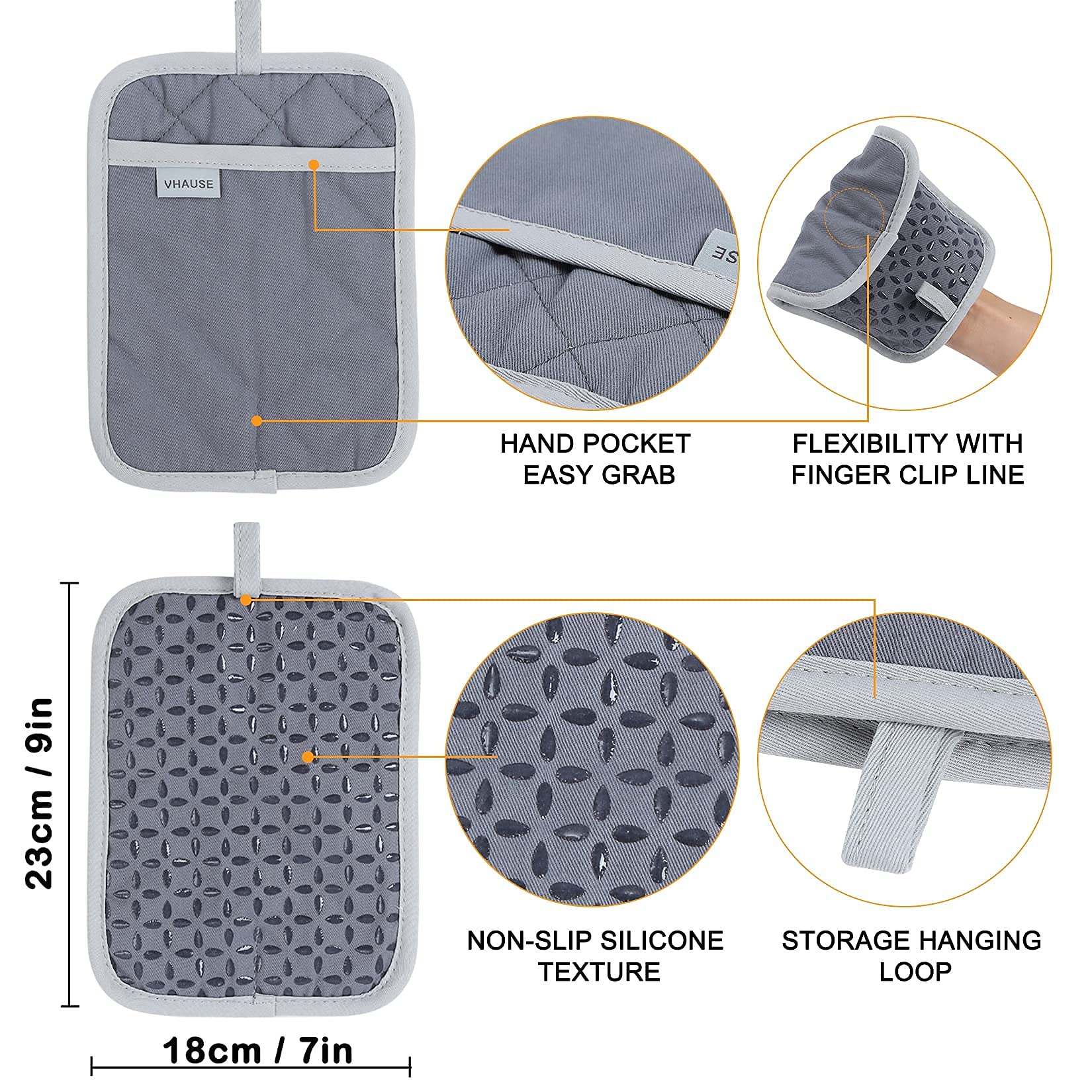 VHAUSE Pot Holders with Pocket Set of 4 - Soft Cotton Hot Pads with Non-Slip Silicone Grip and Hanging Loop - Heat Resistant Kitchen Potholders Trivet Mats for Hot Pots Pans Oven Gray