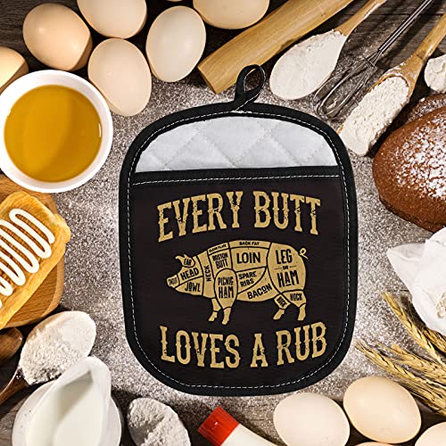 LEVLO Funny Pig Pork BBQ Grill Oven Mitt with Hot Pads Pig BBQ Lover Gifts Every Butt Loves A Good Rub Pot Holder for Friend Family Pork Rub (Every Butt Loves)