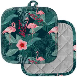 [pack of 2] pot holders for kitchen, washable heat resistant pot holders, hot pads, trivet for cooking and baking ( flamingo leaves monstera )