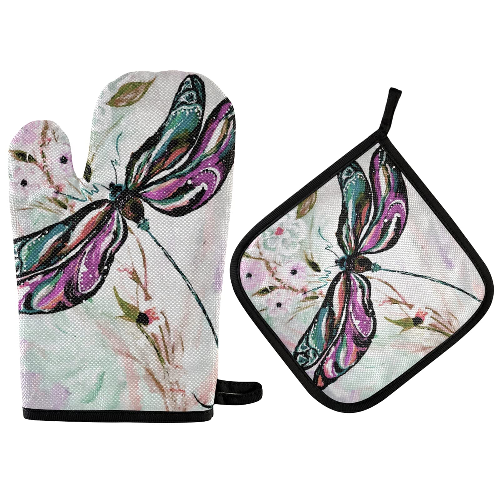 Oven Mitts and Pot Holders Set High Insulated Oven Gloves with Heat Insulation Pad Dragonfly Flowers Soft Cotton Lining and Non-Slip Surface Kitchen Mitten for Safe BBQ Cooking Baking