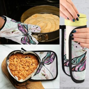 Oven Mitts and Pot Holders Set High Insulated Oven Gloves with Heat Insulation Pad Dragonfly Flowers Soft Cotton Lining and Non-Slip Surface Kitchen Mitten for Safe BBQ Cooking Baking