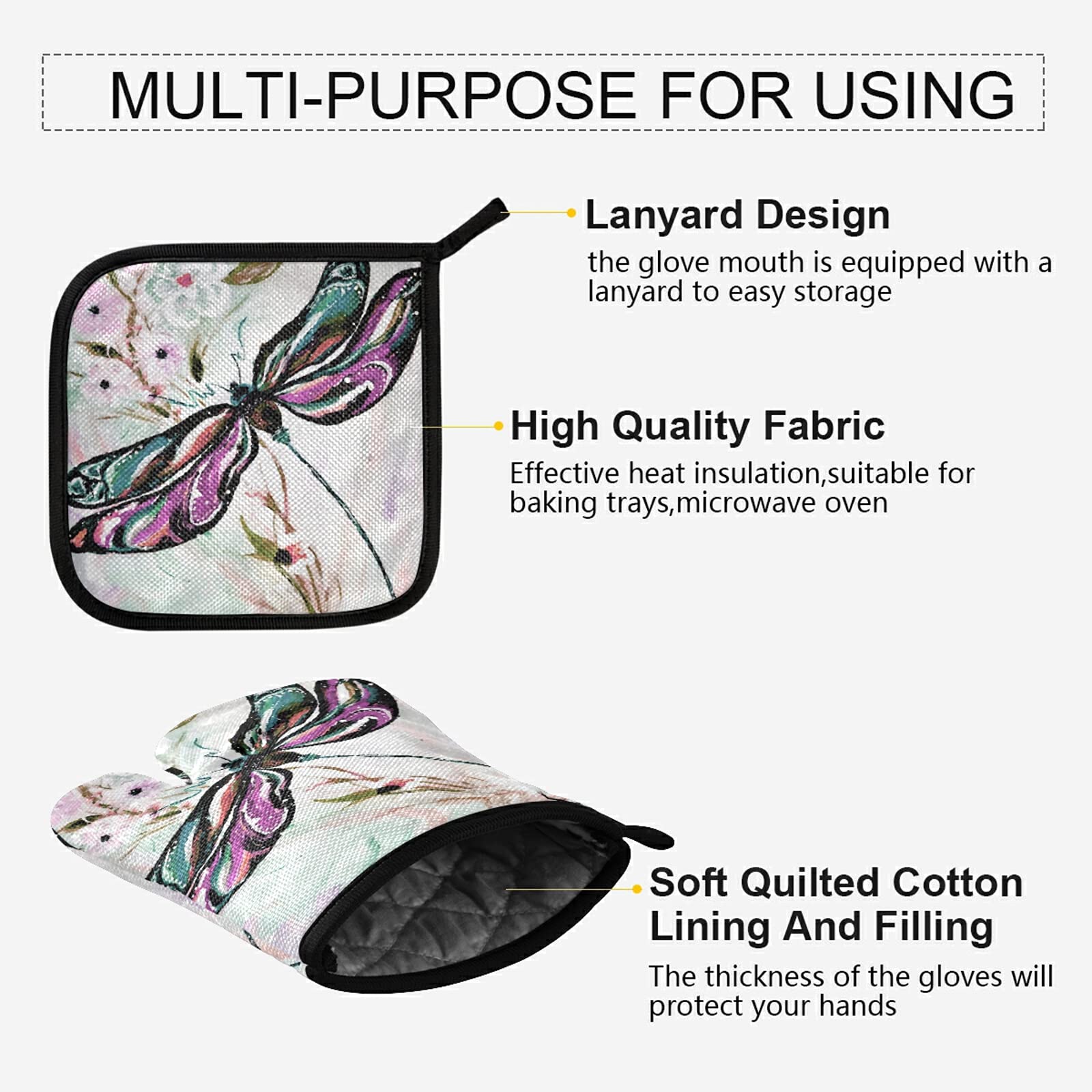 Oven Mitts and Pot Holders Set High Insulated Oven Gloves with Heat Insulation Pad Dragonfly Flowers Soft Cotton Lining and Non-Slip Surface Kitchen Mitten for Safe BBQ Cooking Baking