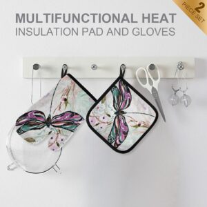 Oven Mitts and Pot Holders Set High Insulated Oven Gloves with Heat Insulation Pad Dragonfly Flowers Soft Cotton Lining and Non-Slip Surface Kitchen Mitten for Safe BBQ Cooking Baking