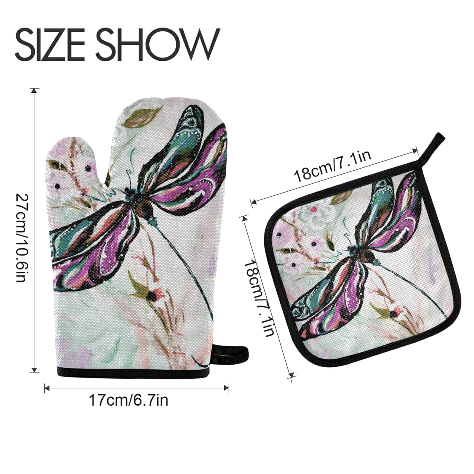 Oven Mitts and Pot Holders Set High Insulated Oven Gloves with Heat Insulation Pad Dragonfly Flowers Soft Cotton Lining and Non-Slip Surface Kitchen Mitten for Safe BBQ Cooking Baking