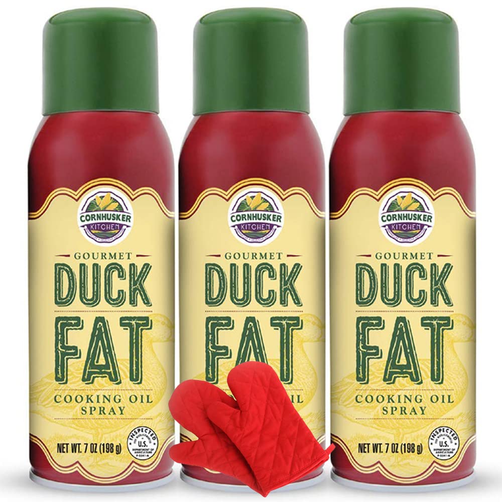 Cornhusker Kitchen Gourmet Duck Fat Spray Cooking Oil 3 Pack Bundle with Deco Chef Pair of Red Heat Resistant Oven Mitt