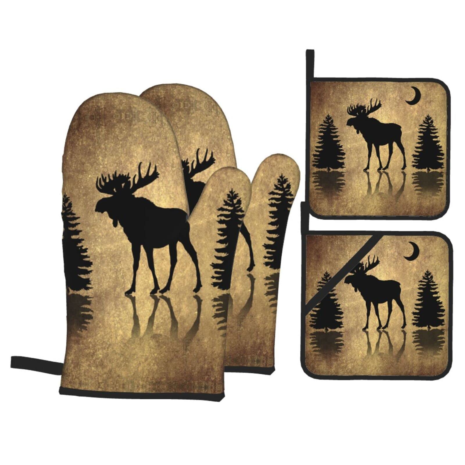 DONMYER Rustic Elk Moose Deer Forest Pine Tree Moon Design Oven Mitts and Pot Holders Sets of 4 Vintage Animal Heat Resistant Gloves Set Potholders for Kitchen Grilling Non-Slip, 7.2x11in+8x8in