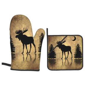 DONMYER Rustic Elk Moose Deer Forest Pine Tree Moon Design Oven Mitts and Pot Holders Sets of 4 Vintage Animal Heat Resistant Gloves Set Potholders for Kitchen Grilling Non-Slip, 7.2x11in+8x8in