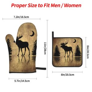 DONMYER Rustic Elk Moose Deer Forest Pine Tree Moon Design Oven Mitts and Pot Holders Sets of 4 Vintage Animal Heat Resistant Gloves Set Potholders for Kitchen Grilling Non-Slip, 7.2x11in+8x8in