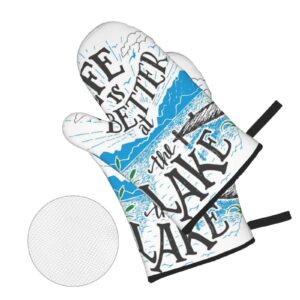 Life is Better at The Lake Pier Plants Mountains Oven Mitts and Pot Holders Sets of 4，Heat Resistant Kitchen Microwave Gloves and Pot Pads with Non-Slip Surface for Grilling Baking Cooking BBQ