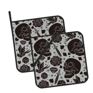 skull and rose pot holders set of 2 kitchen heat resistant potholder for microwave cooking baking oven end dishes and bbq