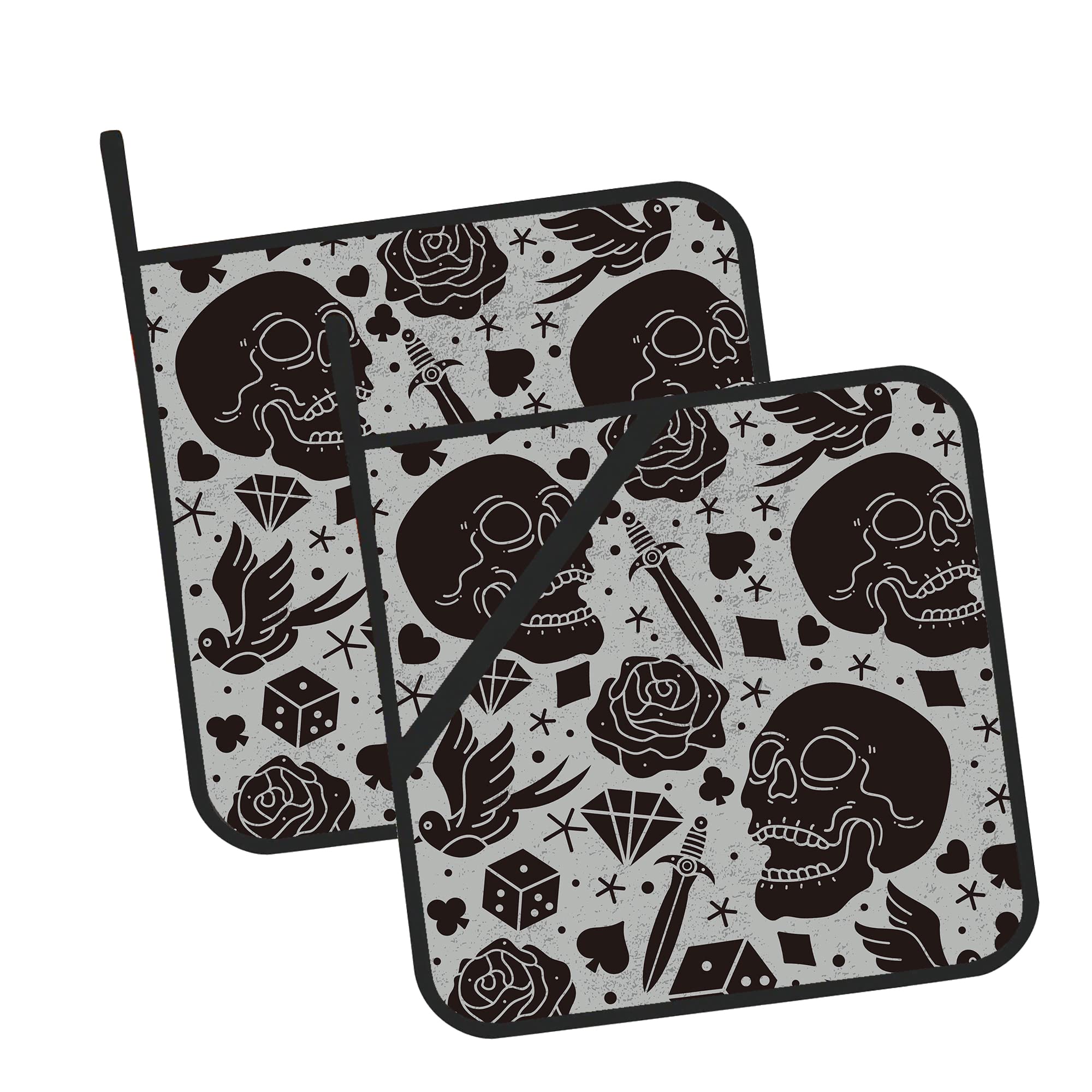 Skull and Rose Pot Holders Set of 2 Kitchen Heat Resistant Potholder for Microwave Cooking Baking Oven End Dishes and BBQ