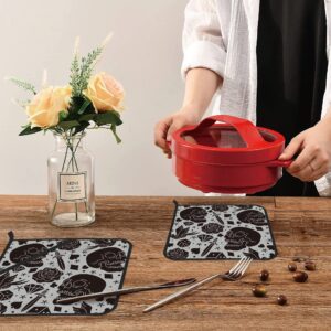 Skull and Rose Pot Holders Set of 2 Kitchen Heat Resistant Potholder for Microwave Cooking Baking Oven End Dishes and BBQ