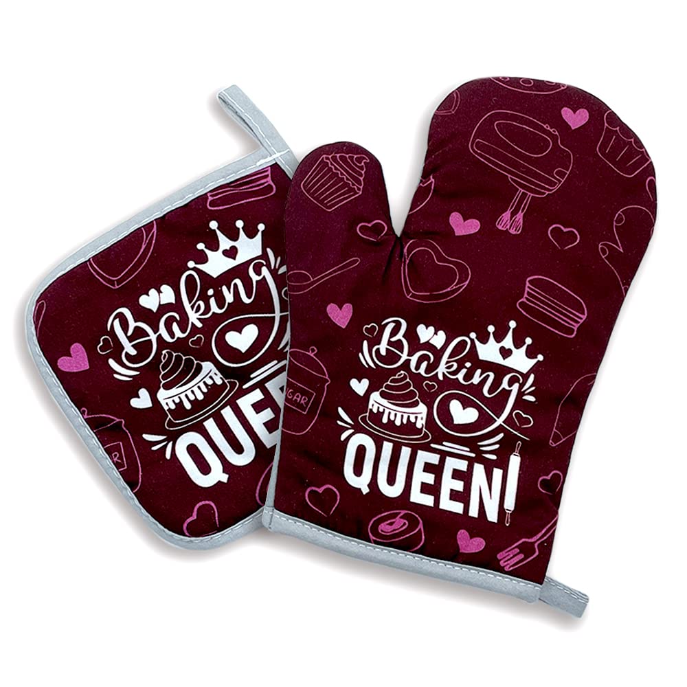 Baking Queen，Oven Mitts and Pot Holders Sets of 2，Queen of The Kitchen,Kitchen Gift for Women，Friend Birthday Gift，Birthday Gifts for Bakers Mom, Wife, Girlfriend, Grandma