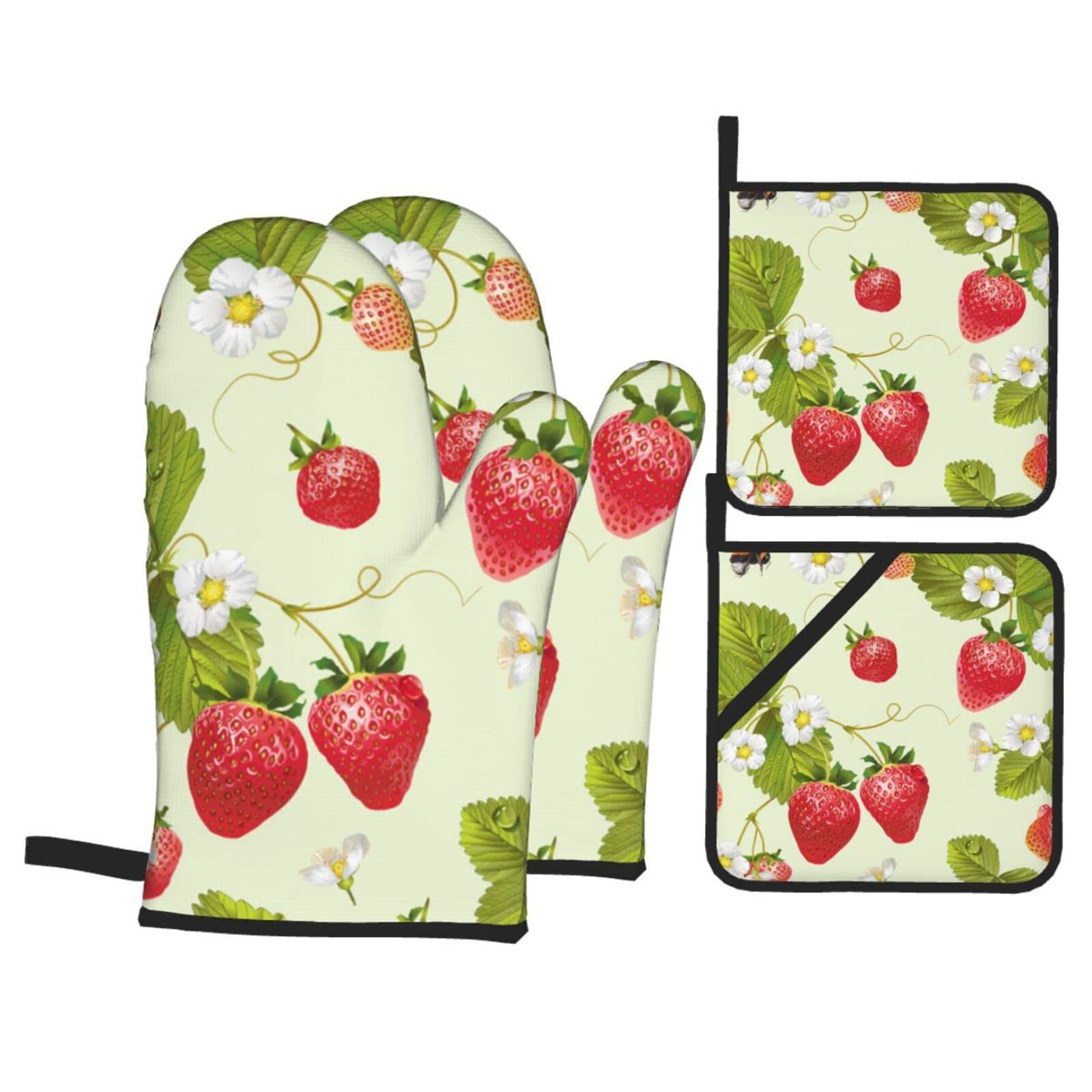 Lovely Strawberry Print Oven Mitts and Pot Holders Sets,Kitchen Oven Glove High Heat Resistant 500 Degree Oven Mitts and Pot Holder,Surface Safe for Baking, Cooking, BBQ,Pack of 4