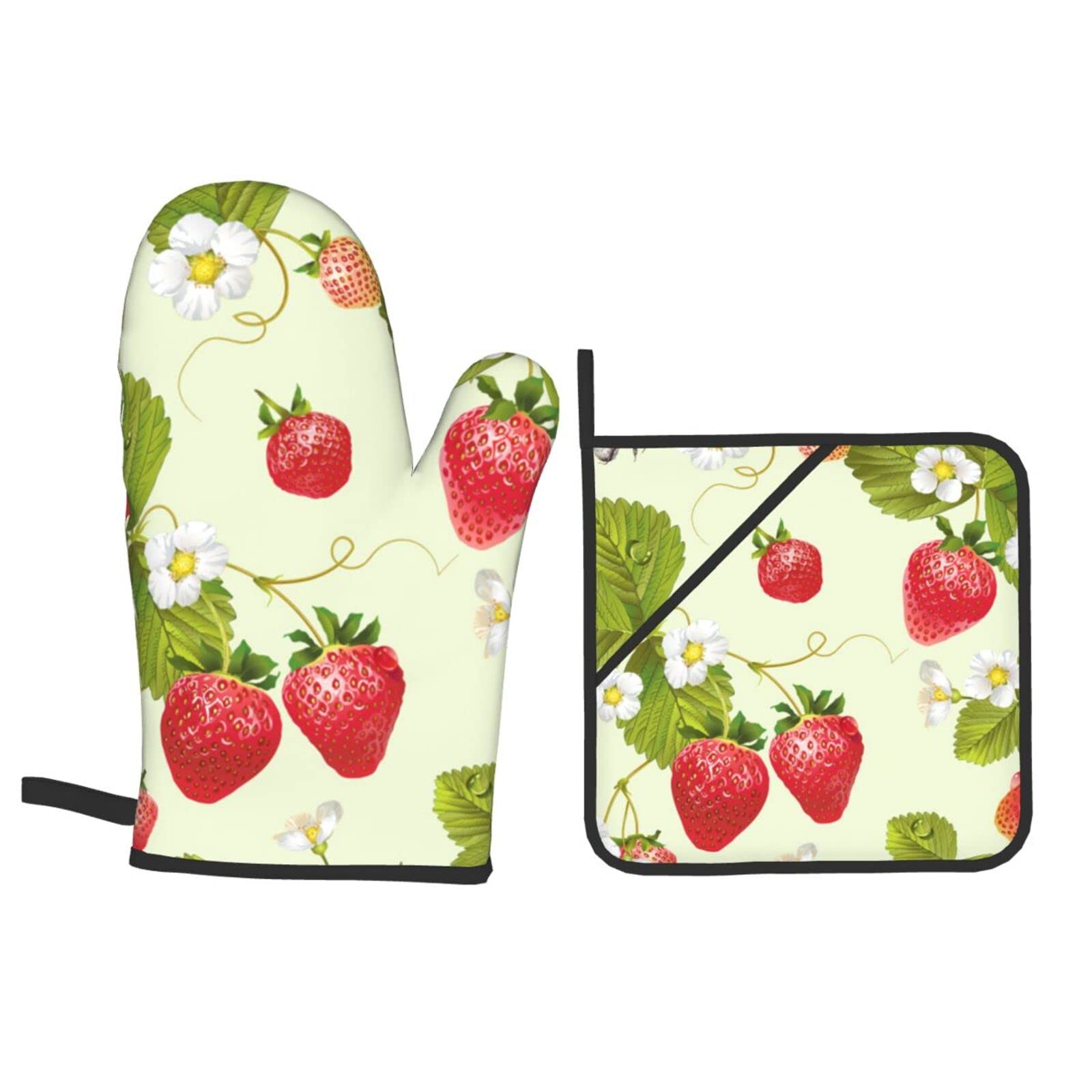 Lovely Strawberry Print Oven Mitts and Pot Holders Sets,Kitchen Oven Glove High Heat Resistant 500 Degree Oven Mitts and Pot Holder,Surface Safe for Baking, Cooking, BBQ,Pack of 4