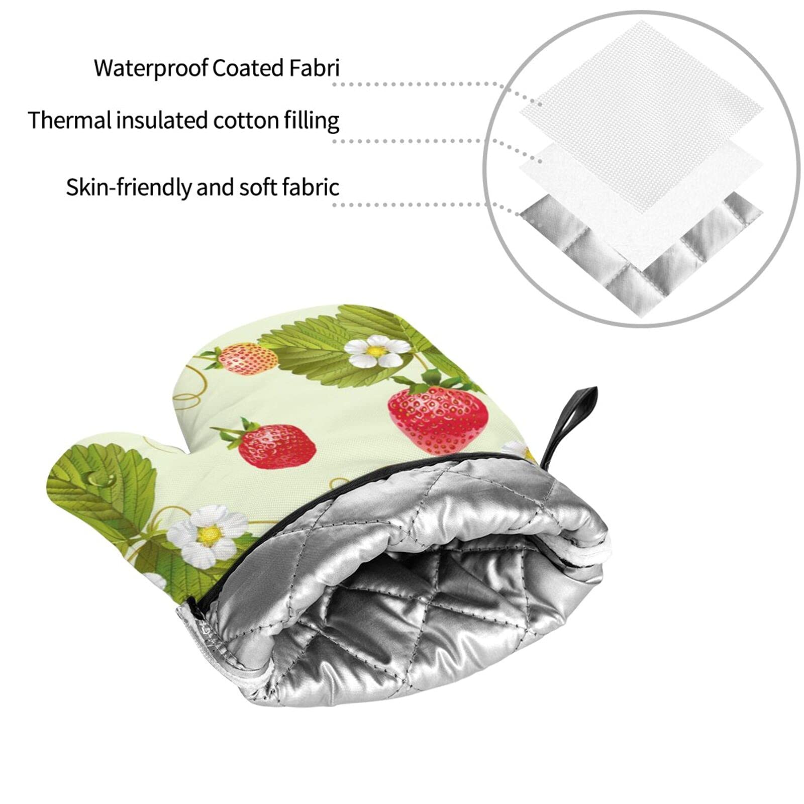 Lovely Strawberry Print Oven Mitts and Pot Holders Sets,Kitchen Oven Glove High Heat Resistant 500 Degree Oven Mitts and Pot Holder,Surface Safe for Baking, Cooking, BBQ,Pack of 4