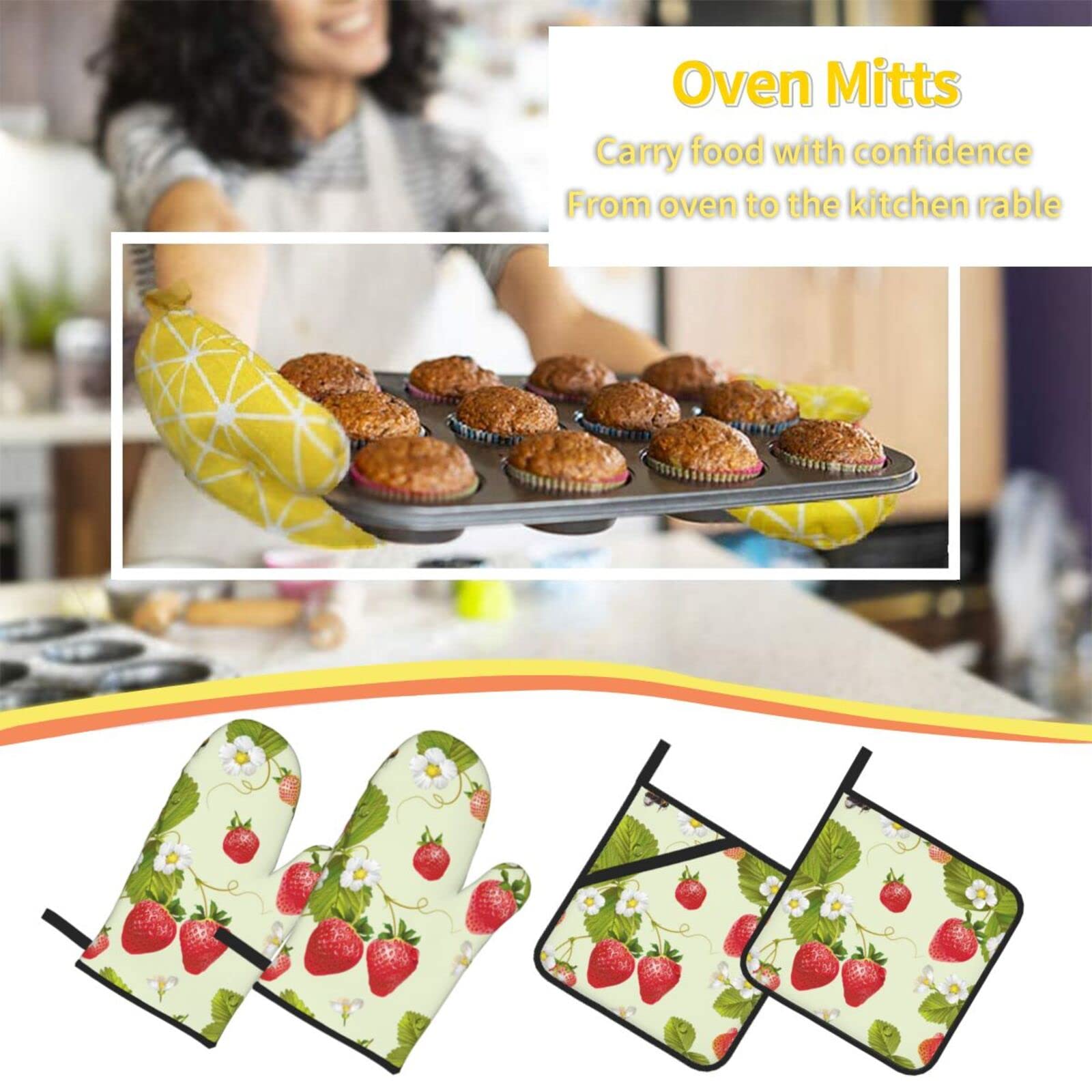 Lovely Strawberry Print Oven Mitts and Pot Holders Sets,Kitchen Oven Glove High Heat Resistant 500 Degree Oven Mitts and Pot Holder,Surface Safe for Baking, Cooking, BBQ,Pack of 4