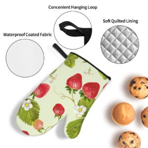 Lovely Strawberry Print Oven Mitts and Pot Holders Sets,Kitchen Oven Glove High Heat Resistant 500 Degree Oven Mitts and Pot Holder,Surface Safe for Baking, Cooking, BBQ,Pack of 4