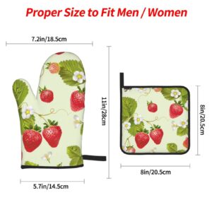 Lovely Strawberry Print Oven Mitts and Pot Holders Sets,Kitchen Oven Glove High Heat Resistant 500 Degree Oven Mitts and Pot Holder,Surface Safe for Baking, Cooking, BBQ,Pack of 4