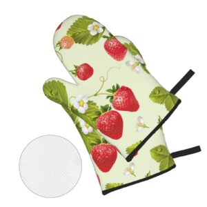 Lovely Strawberry Print Oven Mitts and Pot Holders Sets,Kitchen Oven Glove High Heat Resistant 500 Degree Oven Mitts and Pot Holder,Surface Safe for Baking, Cooking, BBQ,Pack of 4