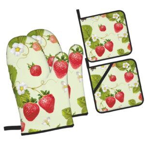 Lovely Strawberry Print Oven Mitts and Pot Holders Sets,Kitchen Oven Glove High Heat Resistant 500 Degree Oven Mitts and Pot Holder,Surface Safe for Baking, Cooking, BBQ,Pack of 4