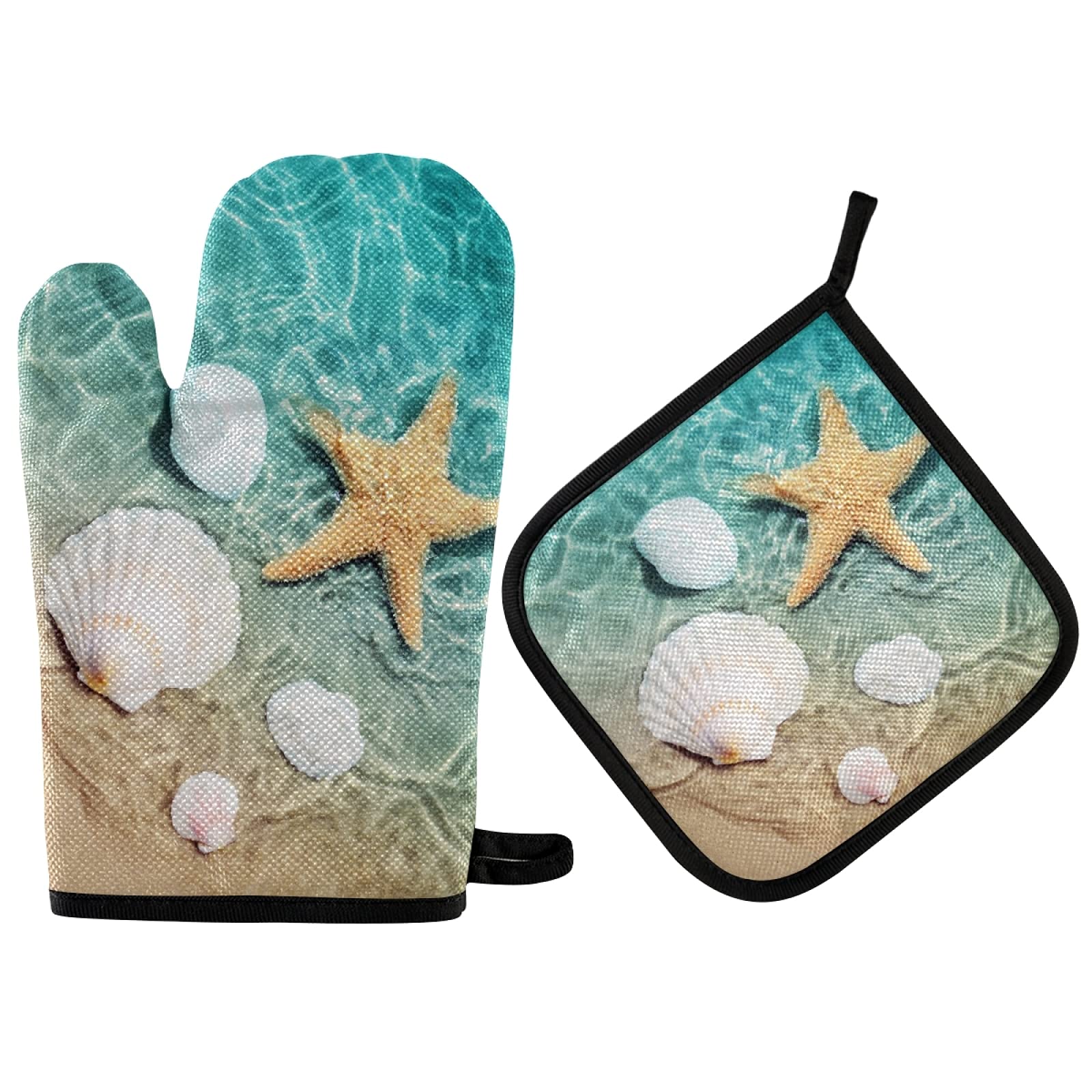 Starfish Seashell Summer Oven Mitts and Pot Holders Sets Beach Sea Water Hot Pads Heat Resistant Cooking Gloves Handling Kitchen Cookware Bakeware BBQ