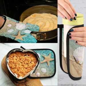 Starfish Seashell Summer Oven Mitts and Pot Holders Sets Beach Sea Water Hot Pads Heat Resistant Cooking Gloves Handling Kitchen Cookware Bakeware BBQ