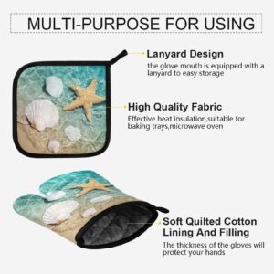 Starfish Seashell Summer Oven Mitts and Pot Holders Sets Beach Sea Water Hot Pads Heat Resistant Cooking Gloves Handling Kitchen Cookware Bakeware BBQ