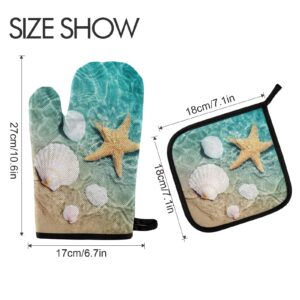 Starfish Seashell Summer Oven Mitts and Pot Holders Sets Beach Sea Water Hot Pads Heat Resistant Cooking Gloves Handling Kitchen Cookware Bakeware BBQ