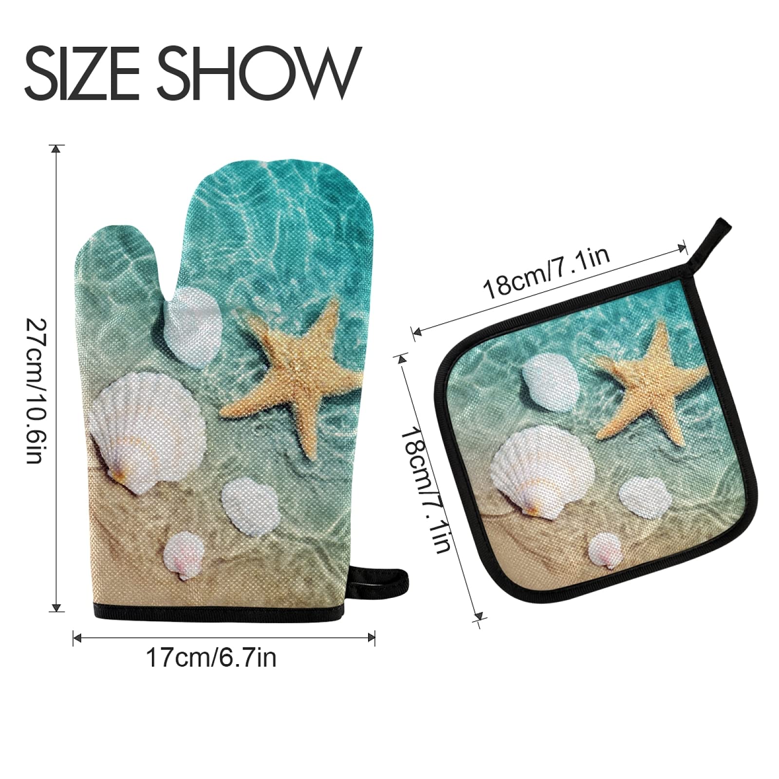 Starfish Seashell Summer Oven Mitts and Pot Holders Sets Beach Sea Water Hot Pads Heat Resistant Cooking Gloves Handling Kitchen Cookware Bakeware BBQ