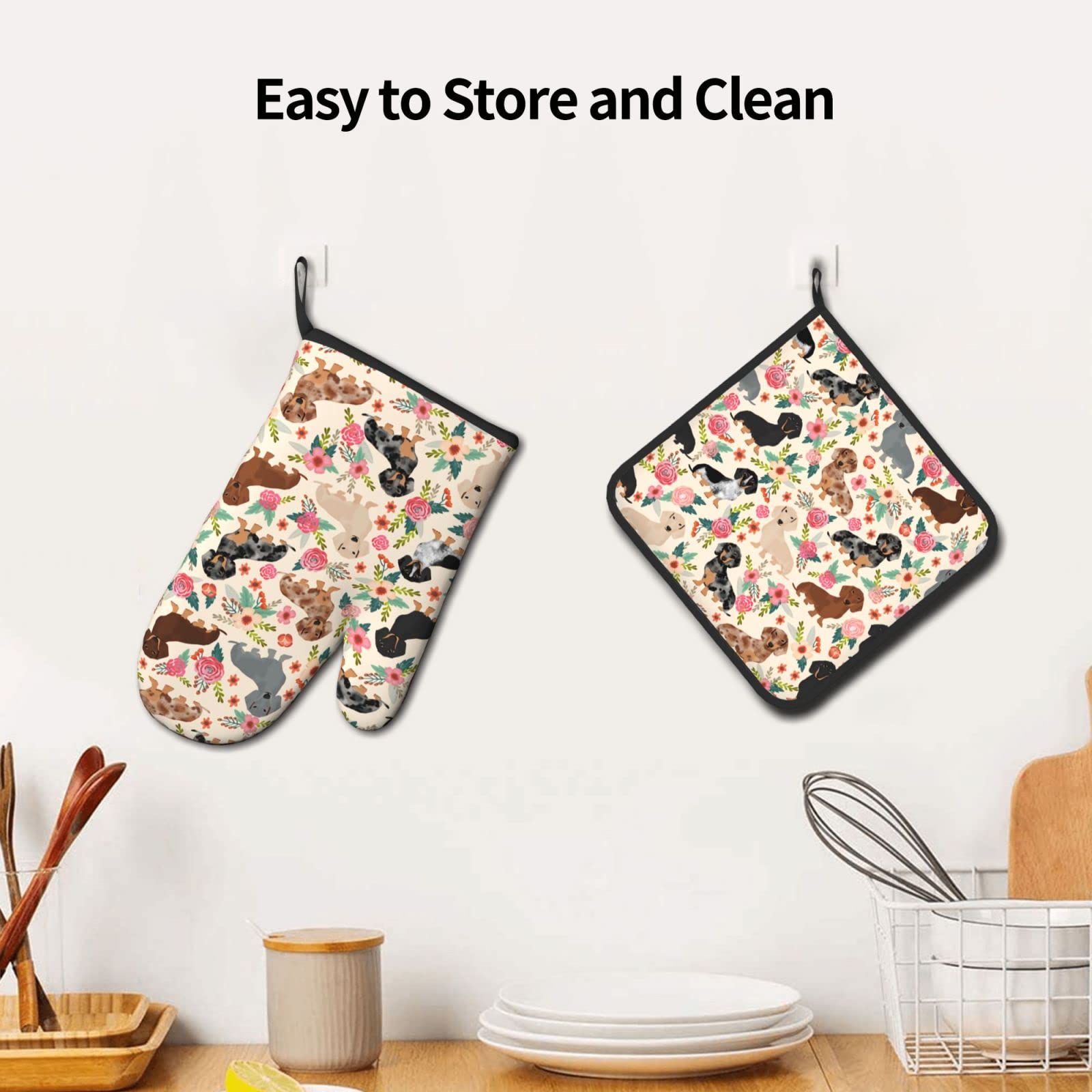 RENGMIAN Floral Dachshund Oven Mitts and Pot Holders Heat Resistant Oven Gloves Safe Cooking Baking Grilling